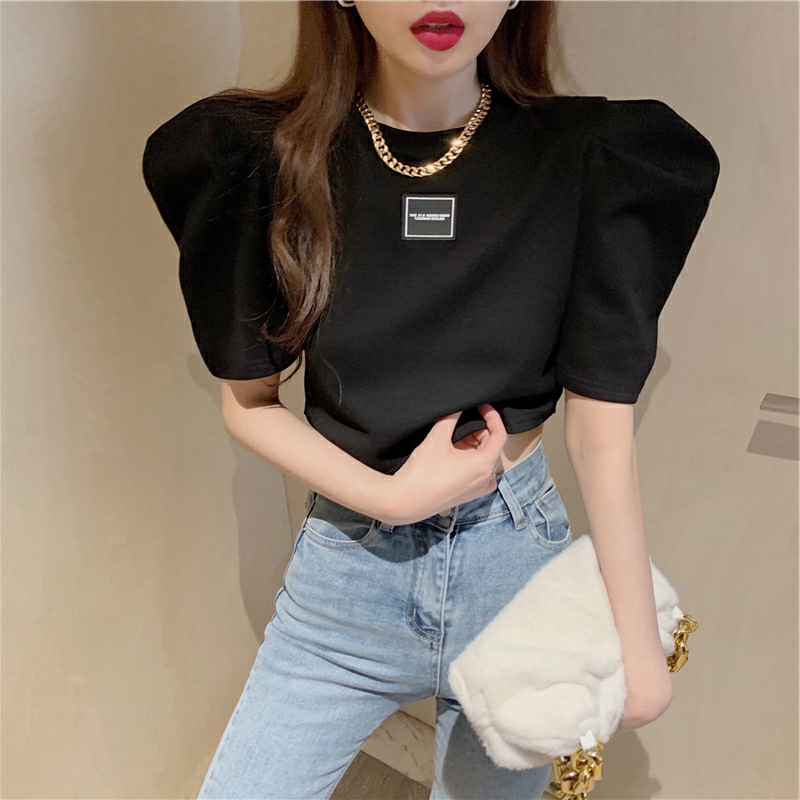 黑色显瘦高腰短款T恤女夏季2024新款别致设计感小众泡泡袖上衣ins-Taobao Singapore