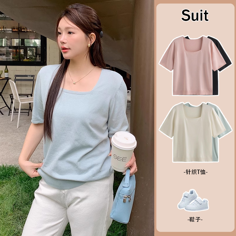 大尺碼女裝純色百搭短袖T恤女2024夏200斤胖mm寬鬆方領針織上衣T恤-Taobao