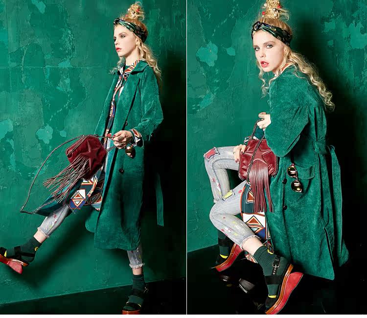 Купить женский плащ 妖精的口袋特价嗨翻全世界秋装欧美翻领双排扣纯色外套风衣女长款 Elf sack 1631028 в ...