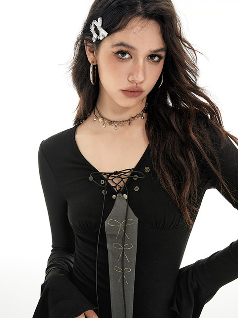 Imone Spring and Autumn New Retro Contrast Color Stitching Rivet Bow ...