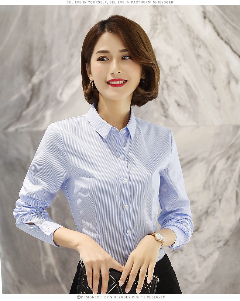 蓝白竖条纹衬衫女长袖2023秋季新款上衣职业OL修身免烫工作服衬衣-阿里巴巴