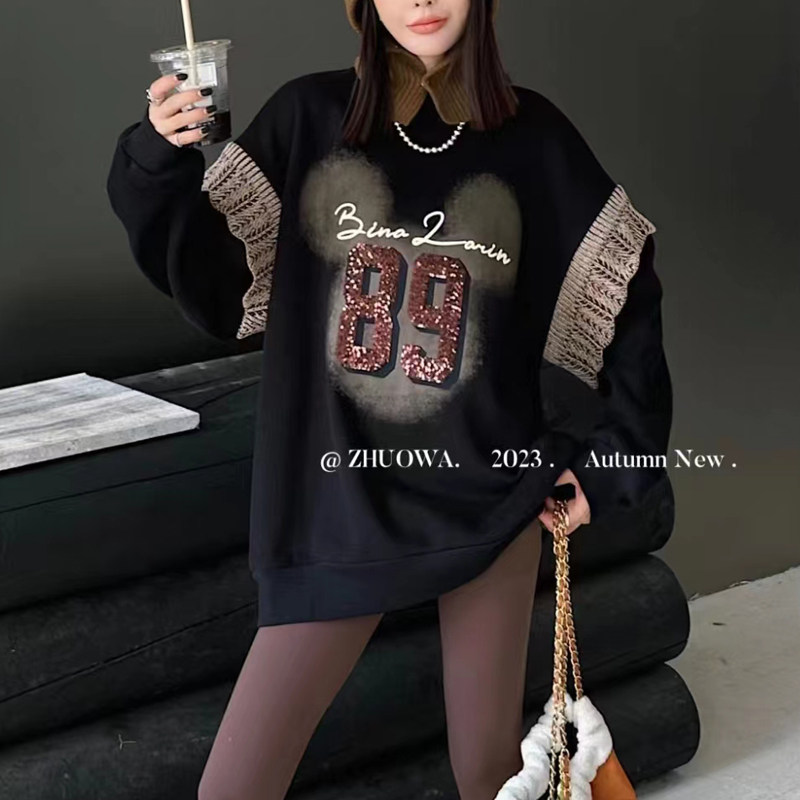 卓娃正品亮片89欧货卫衣女长袖2023秋冬装宽松中长款套头加绒上衣-Taobao