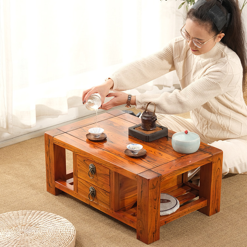 [USD 136.52] Old Elm Chinese Tatami Tea Table Solid Wood Small Square ...