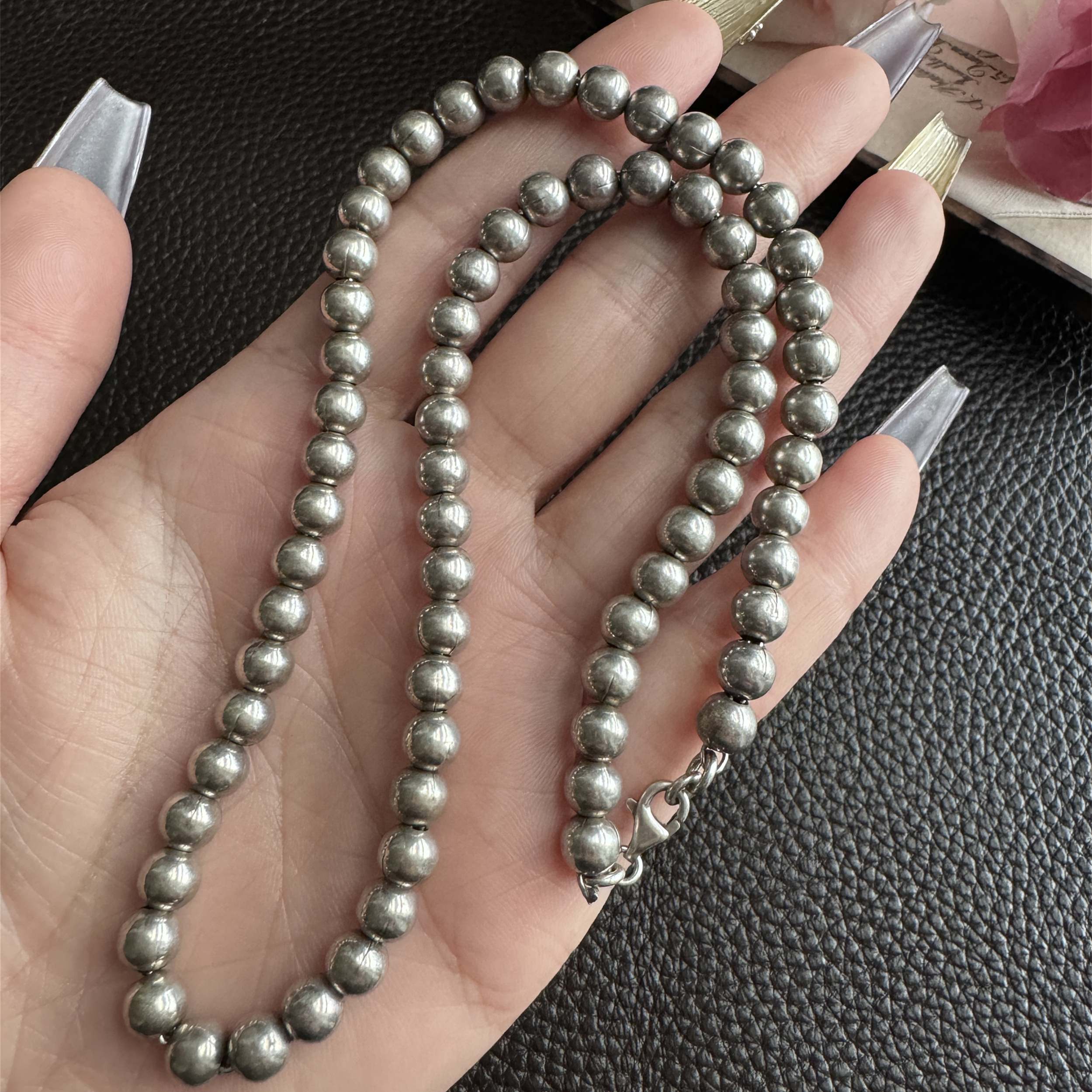 欧洲回流古董 925纯银 素银珠串 项链 长42.5厘米-Taobao