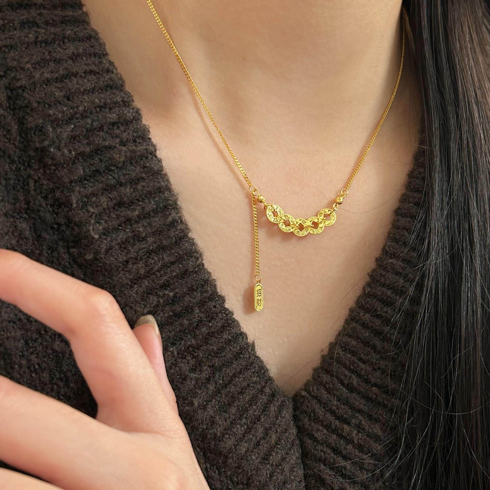 S925纯银五帝币碎冰冰项链女爆闪CNC工艺新中式复古锁骨链潮