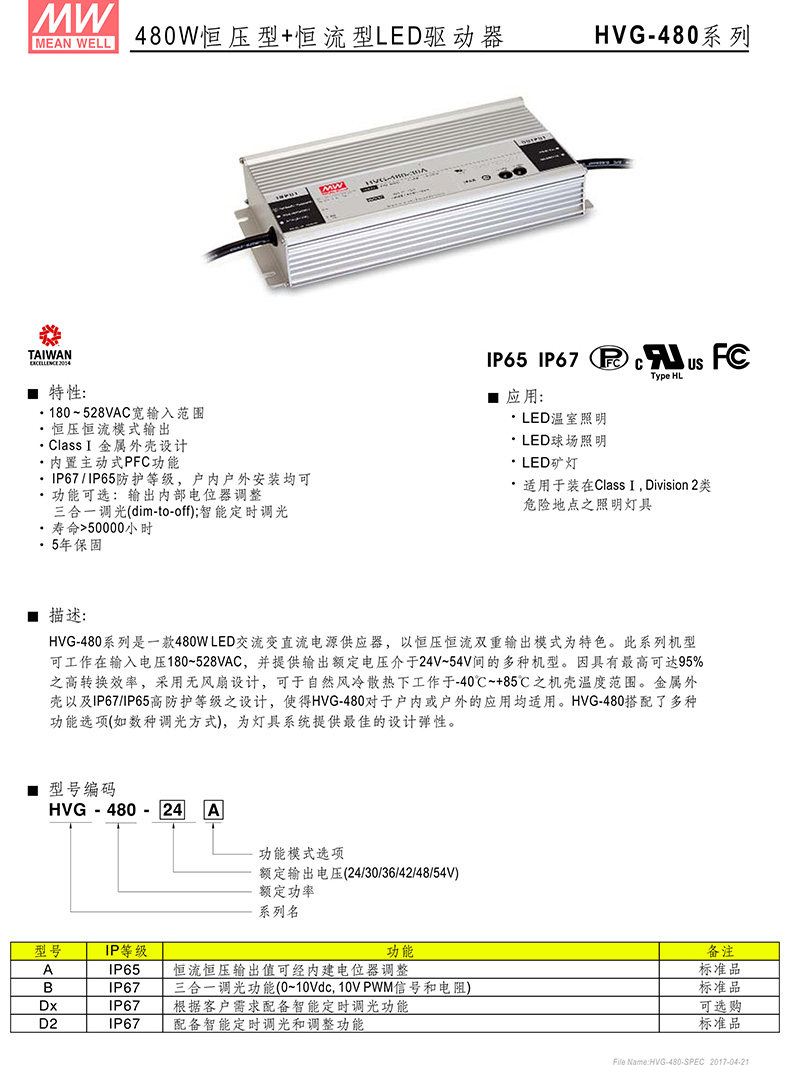 台湾明纬 HVG-480-30B开关电源480W/30V/16A 铝壳调光PEC恒流LED-阿里巴巴