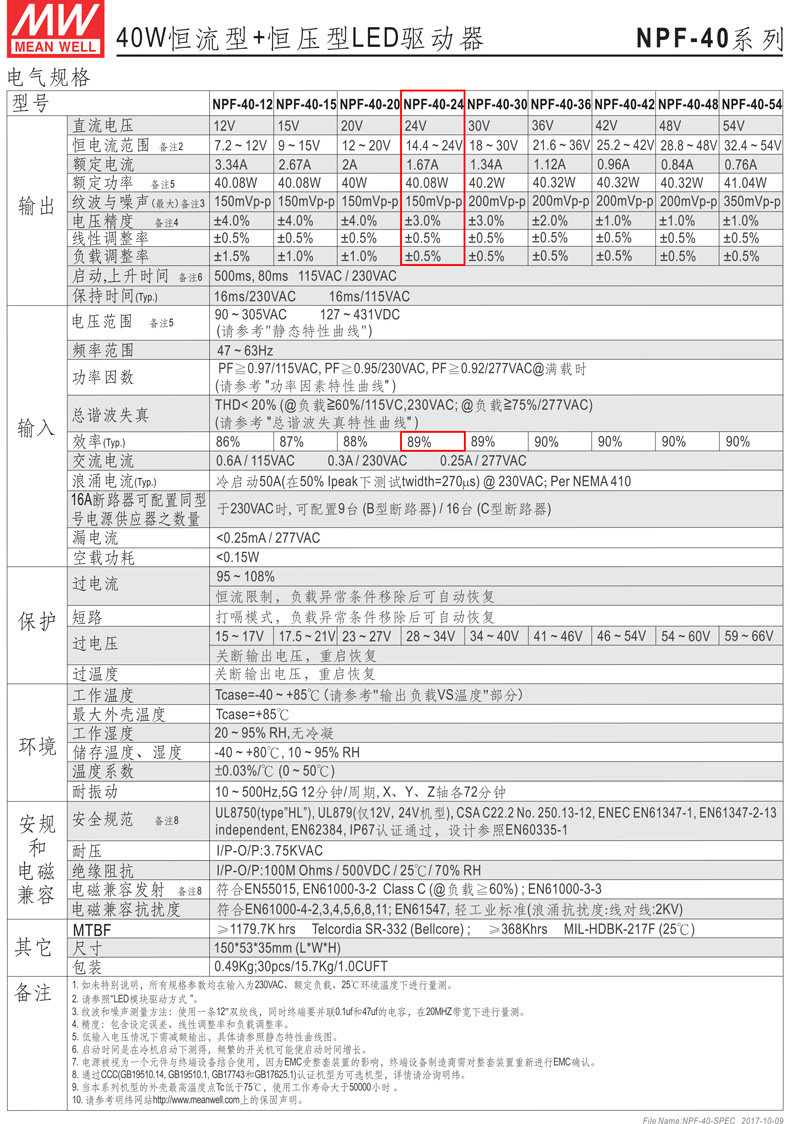 台湾明纬NPF-40-24主动式PFC恒流LED塑壳开关电源40W/24V/1.67A-阿里巴巴
