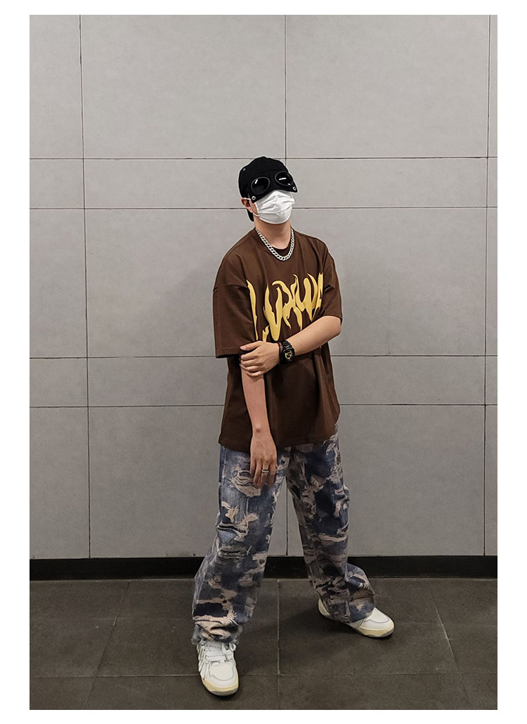 2023 高街UC85破坏风格3D满印男潮牌阔腿拖地BAGGY牛仔裤大象裤-阿里巴巴