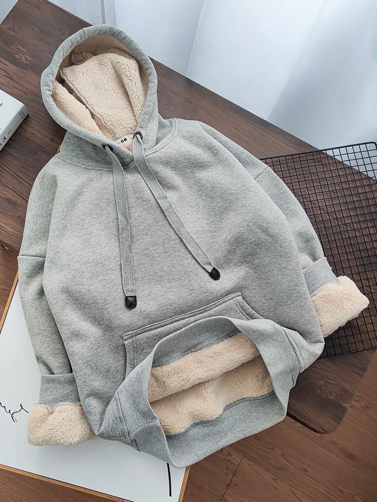 灰色羊羔绒连帽卫衣女冬加绒加厚宽松套头保暖外套长袖上衣潮ins-Taobao