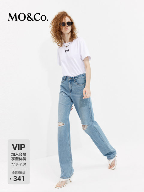 MOCO bow printed short-sleeved round neck loose T-shirt black small white T-t-tress top Moanke