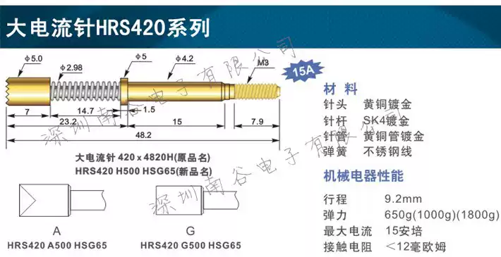 原装华荣HRS420H500 HSG65 15A 5.0MM镀金梅花 电流测试针 M3螺牙