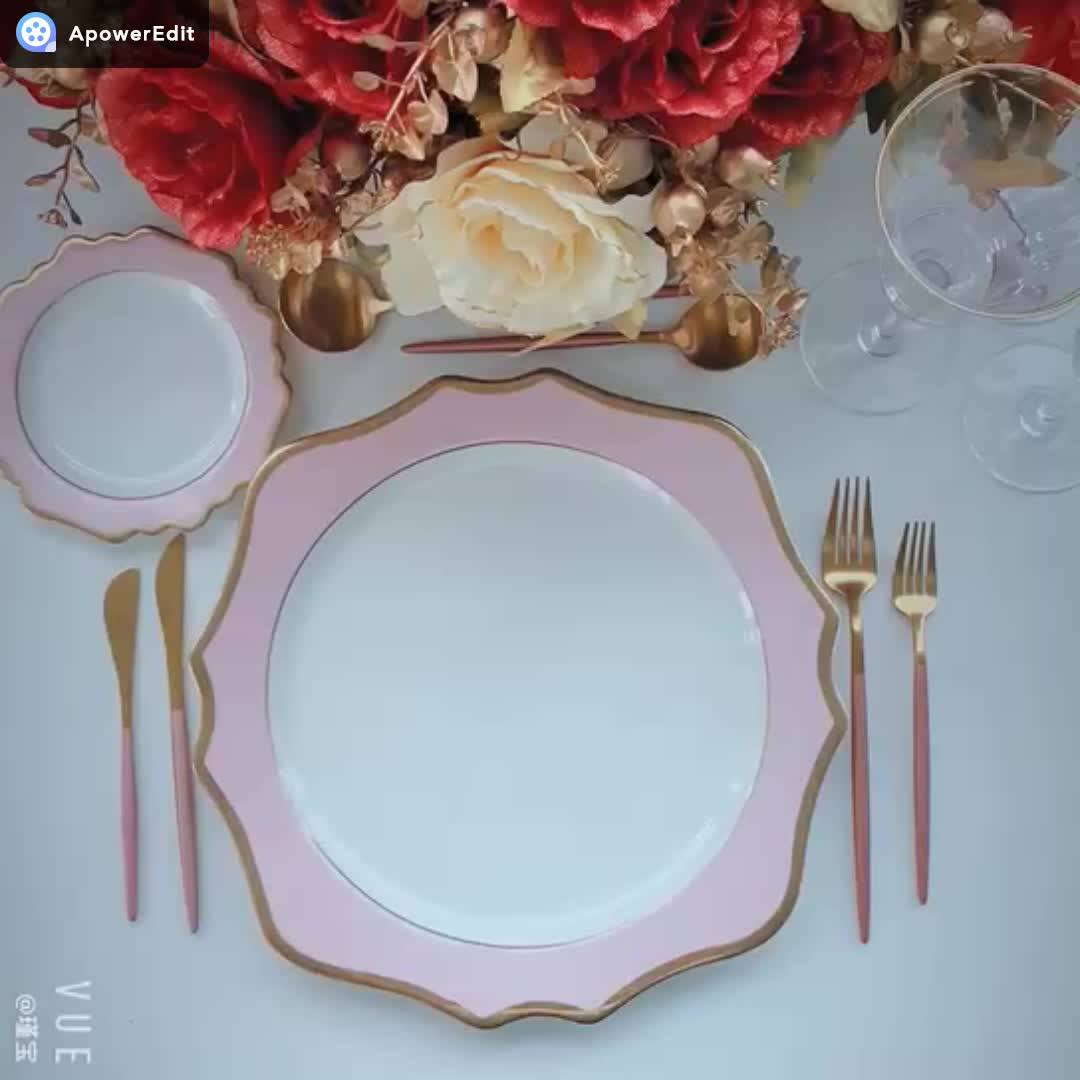 Pink Ceramic Dinner Plates,Gold Rim Charger Plate,Fine Porcelaine ...