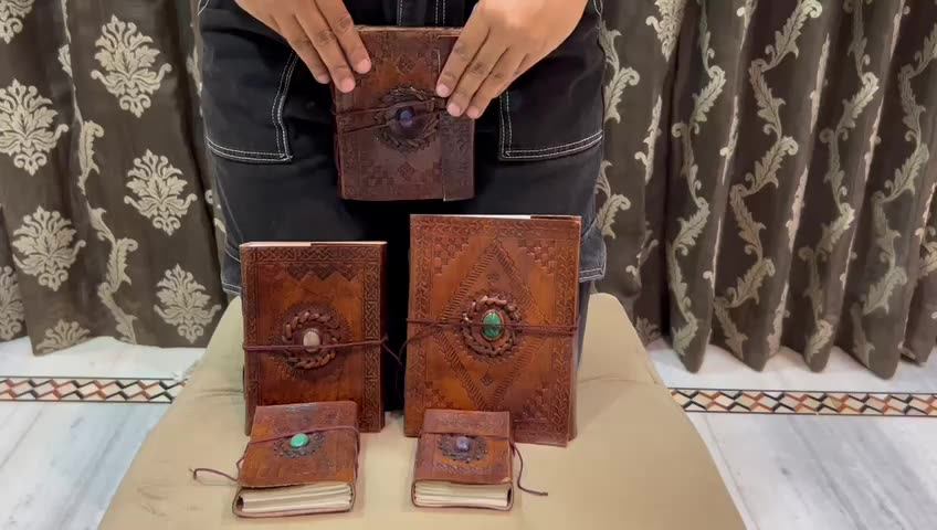 New Real Hand Tooled Leather Thread Secure Journal With Semi Precious ...