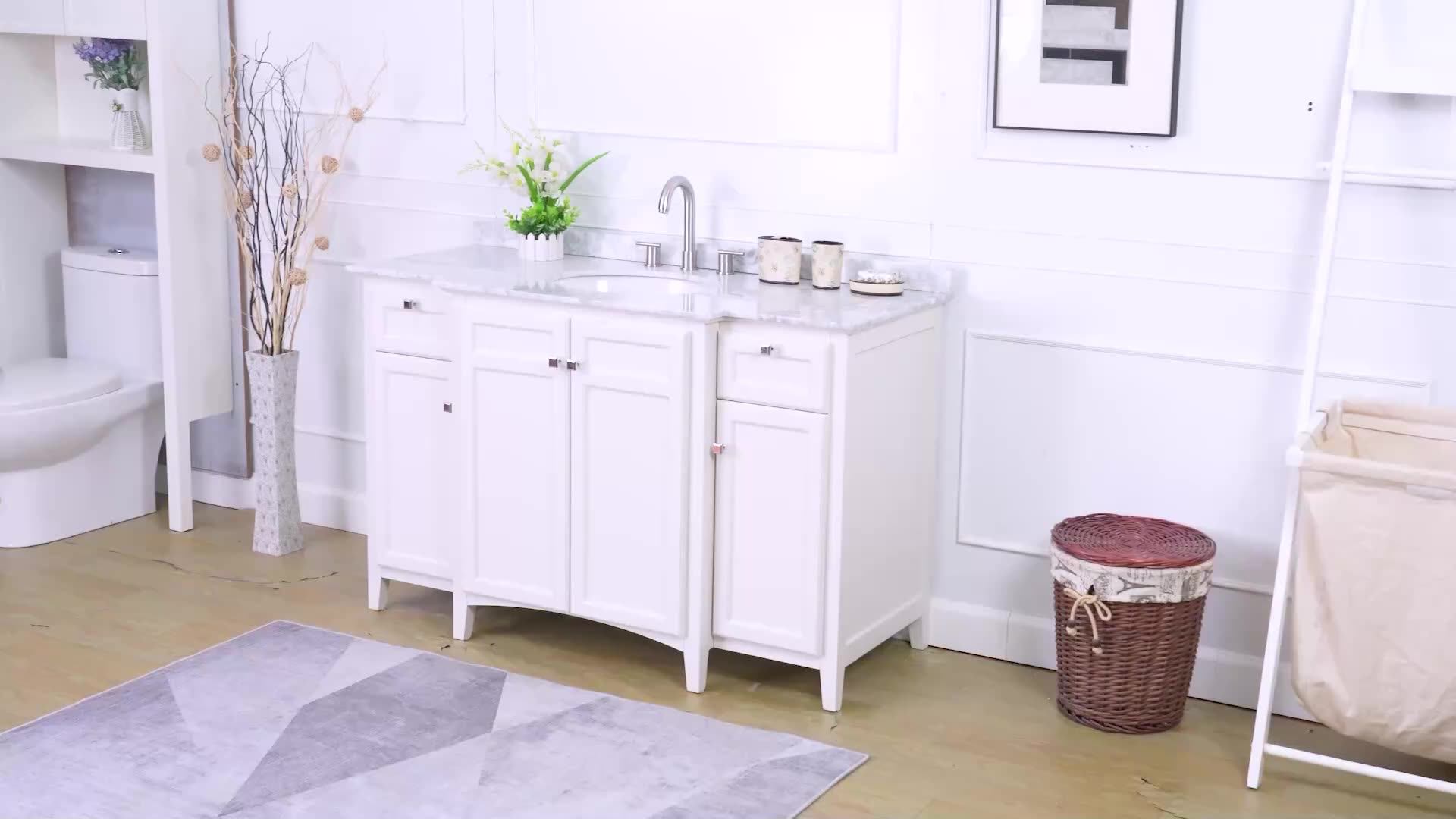 Modern 53 Inch Bathroom Vanities Drawer Storage Solid Wood And Carrara ...