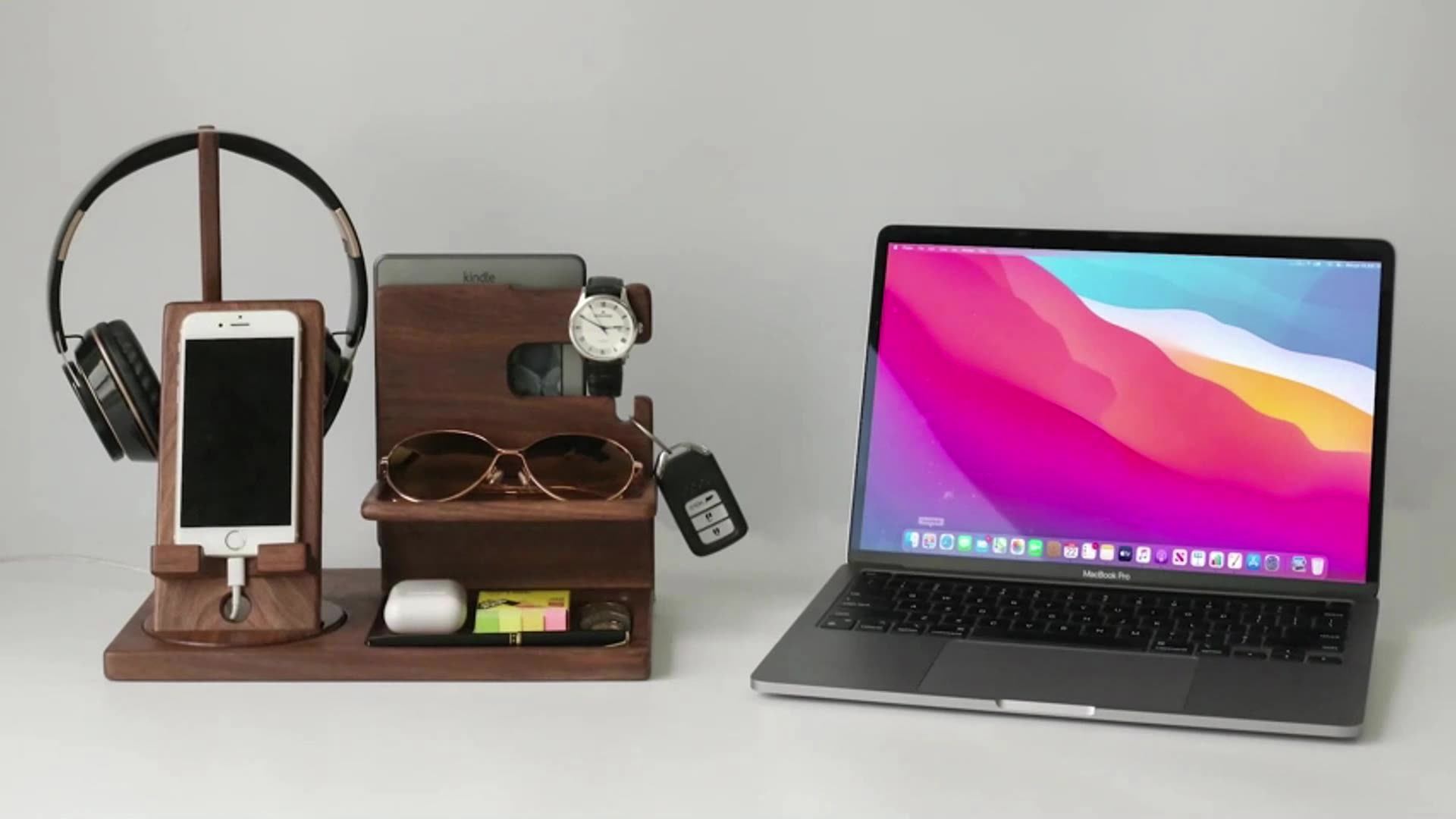 Wooden Docking Station For Men - Nightstand Organizer Charging Station ...