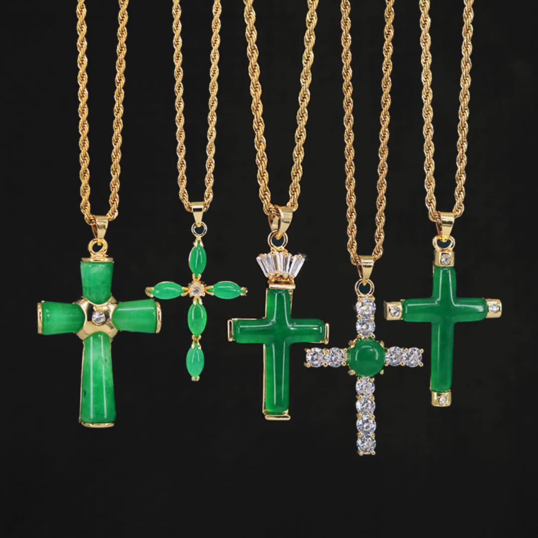 Nn1136 Stainless Steel Chain Round Disc Natural Jade Cross Necklace ...