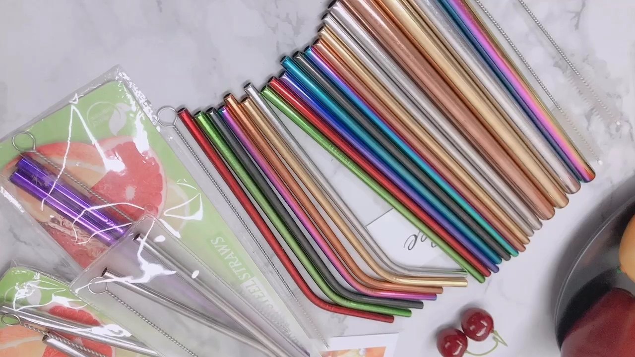Custom Logo Reusable Bent Straight Metal Straw Rainbow Straws Set With ...