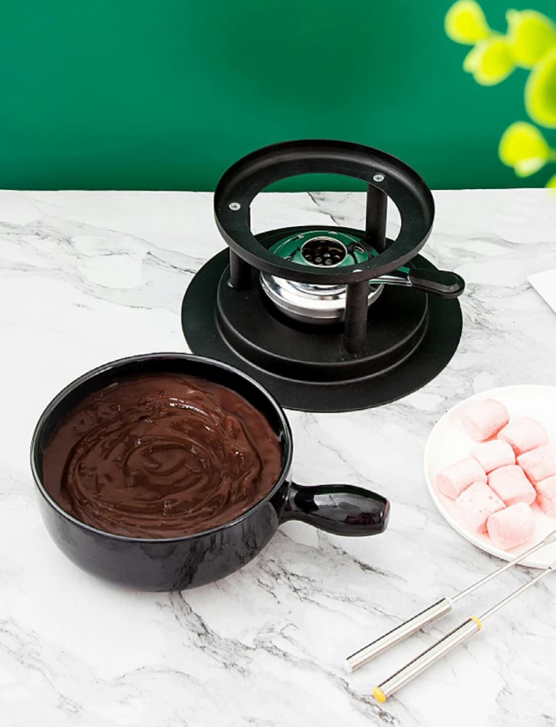 Black Ceramic Pot Cast Iron Fondue Burner Cheese Chocolate Fondue Set ...