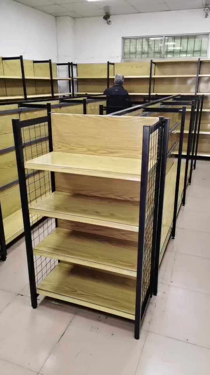 超市货架子工厂新款加厚便利店小超市重型双四柱木纹色单双面货架-阿里巴巴