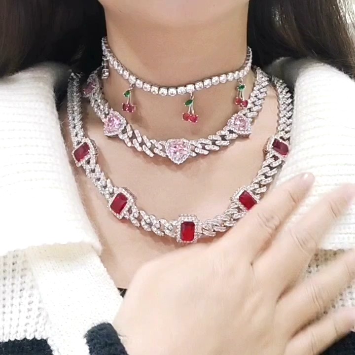 Miami Hot Sale Luxury Pink Heart Diamond Cuban Link Chain Necklace ...