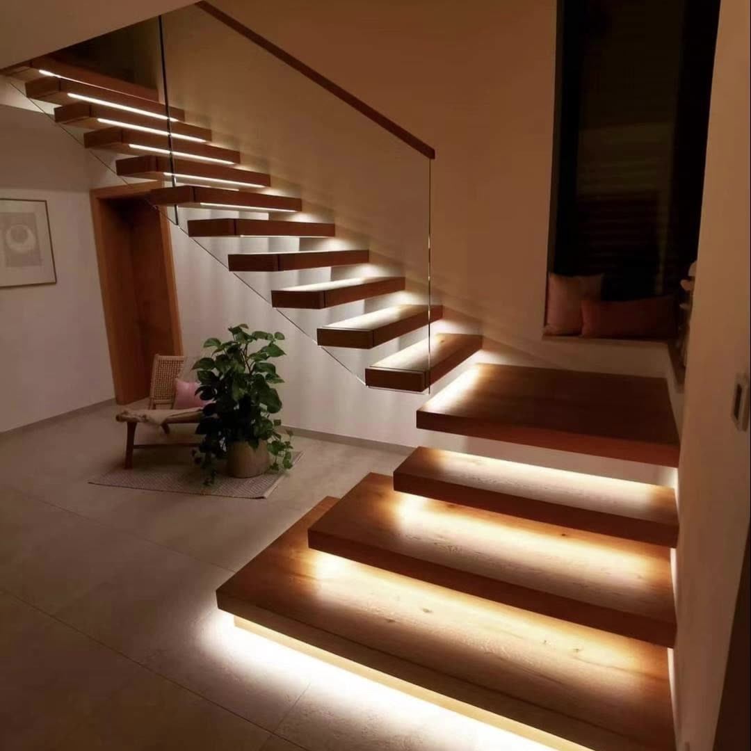 Solid Wood Stair Double Steel Stringer Wood Floating Luxury Led Light ...