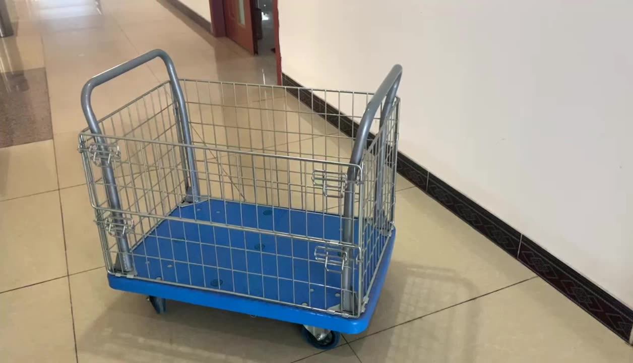 300kg Plastic Mesh Tool Trolley Double Handle Warehouse Trolley For ...