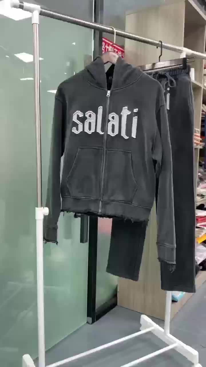 Custom Acid Wash Flared Tracksuits Zip Up 500 Gsm Straight Leg Jogging ...