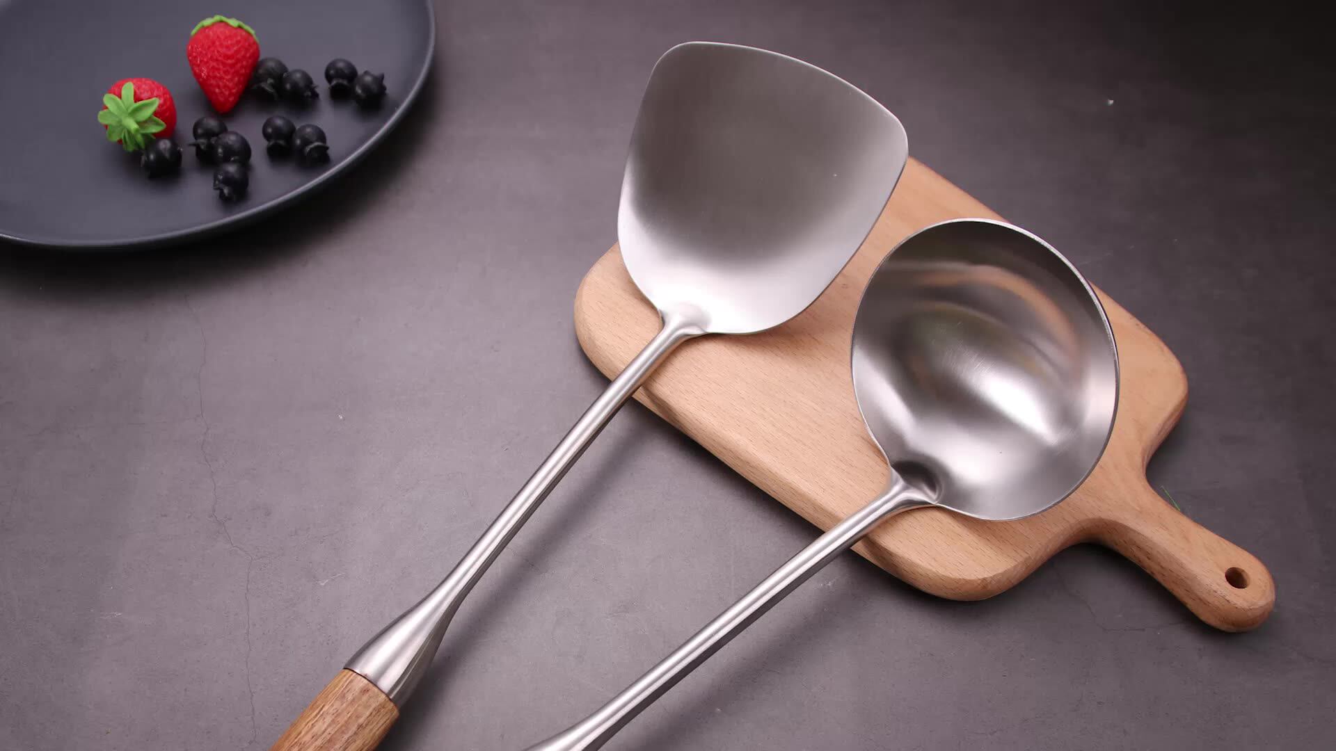 Chinese Cooking Accessories Tools Wooden Handle Utensils Stainless ...