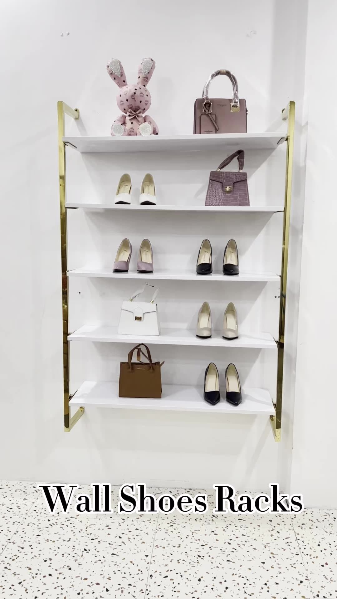 Showroom Design Modern Gold Wall Mounted Bag And Handbag Display Shoe ...