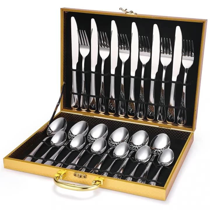 Stainless Steel Flatware 24 Piece In Box Gold Plated Silverware Golden ...