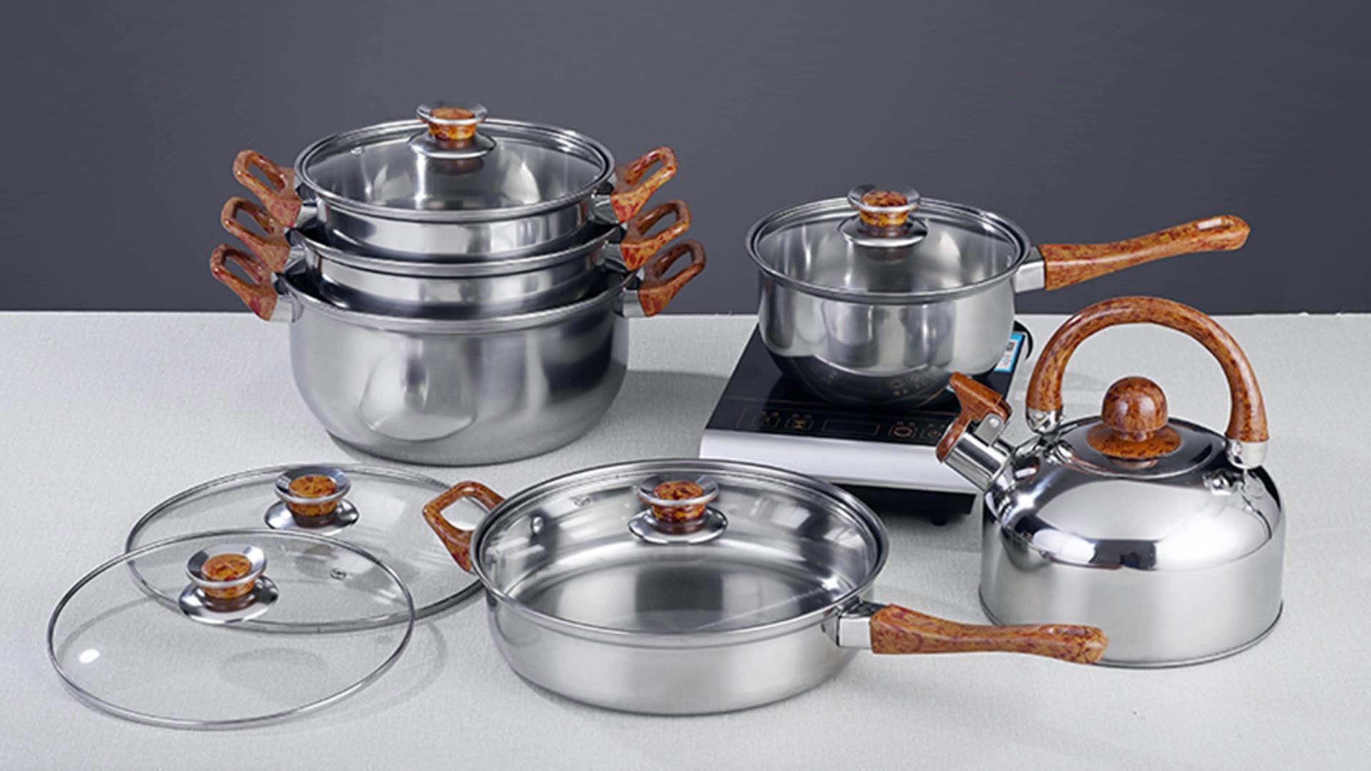 12 Piece Kitchen Cooking Pot Sets With Kettle Stainless Steel Cookware ...