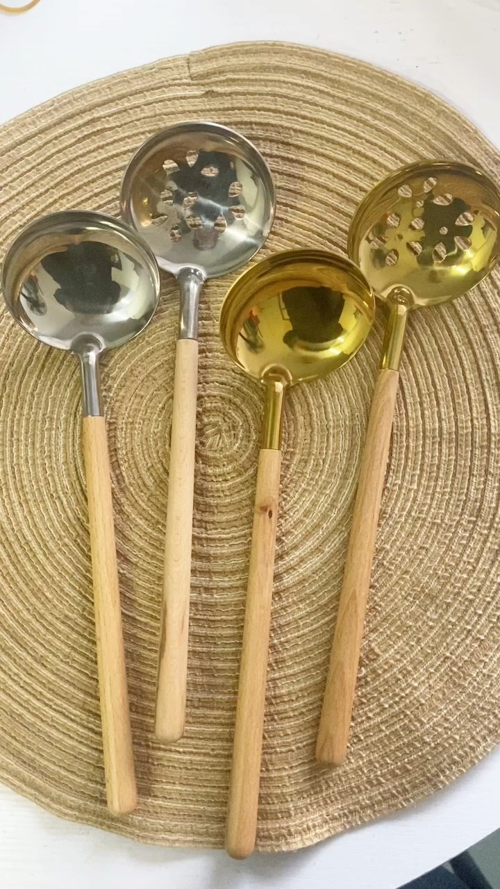 Korean Cooking Utensils Wooden Handle Stainless Steel Soup Spoon And ...