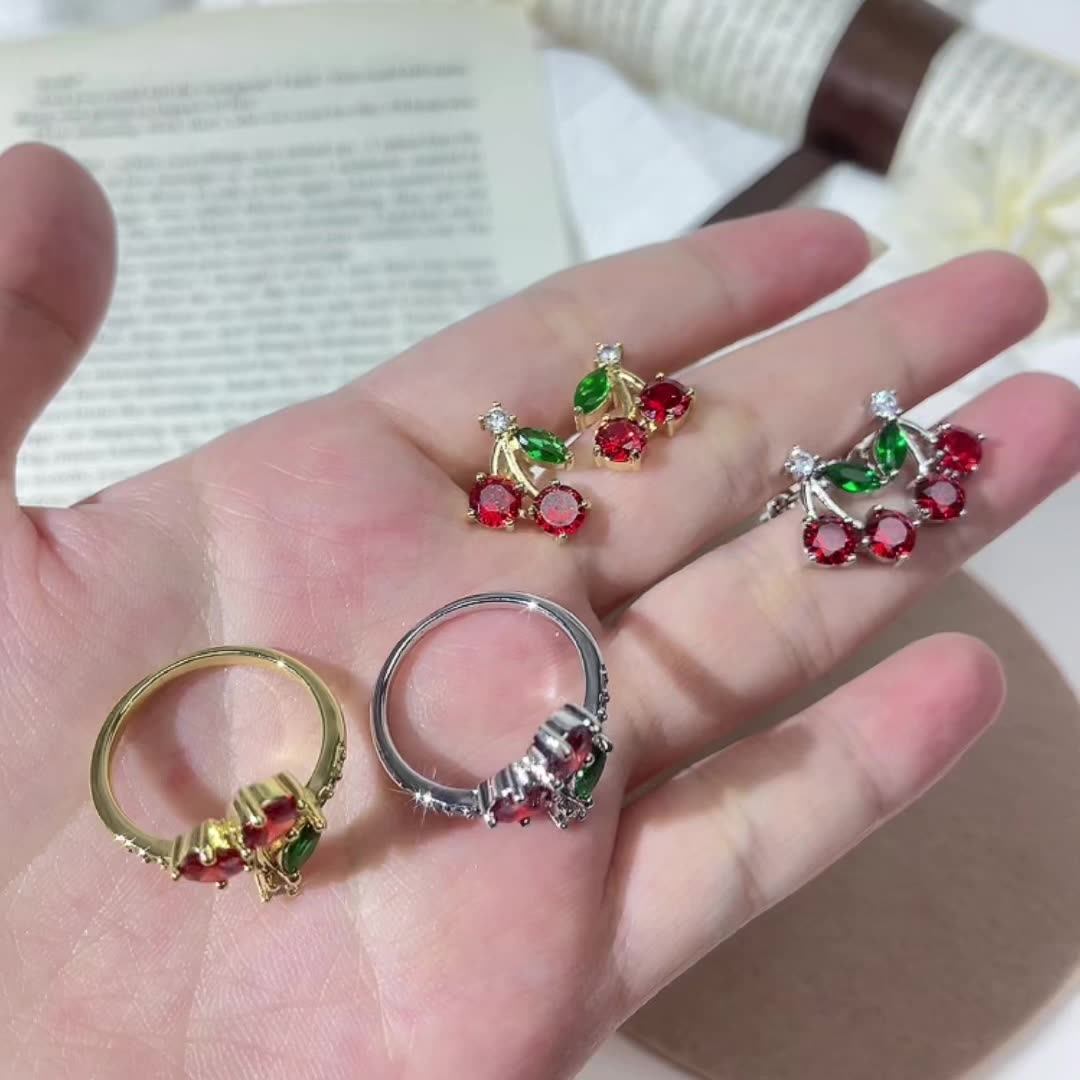 Exquisite Brass 18k Gold Plating Fruit Red Cherry Ring - Buy Brass Cz ...