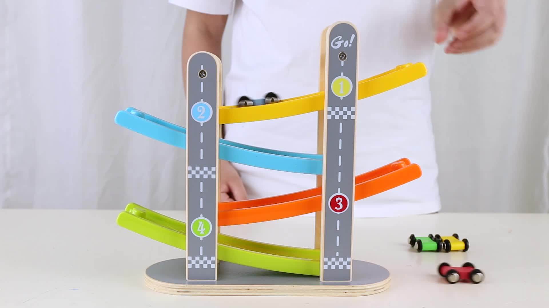 Toddler Wooden 4 Lanes Ramp Race Track Tower Games Toy With 4 Mini ...