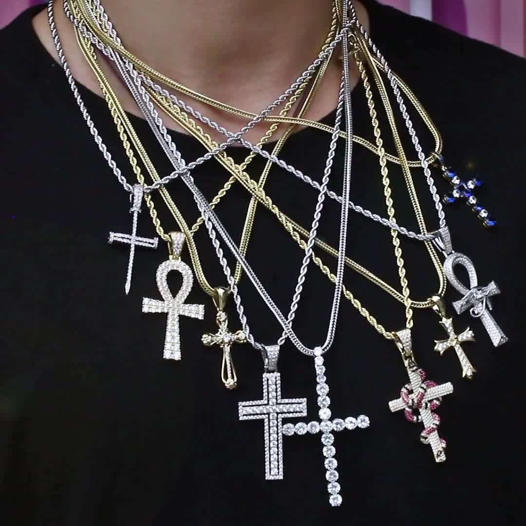Krkc Hip Hop Mens Crystal Silver Metal Cross Pendant Necklace Religious ...