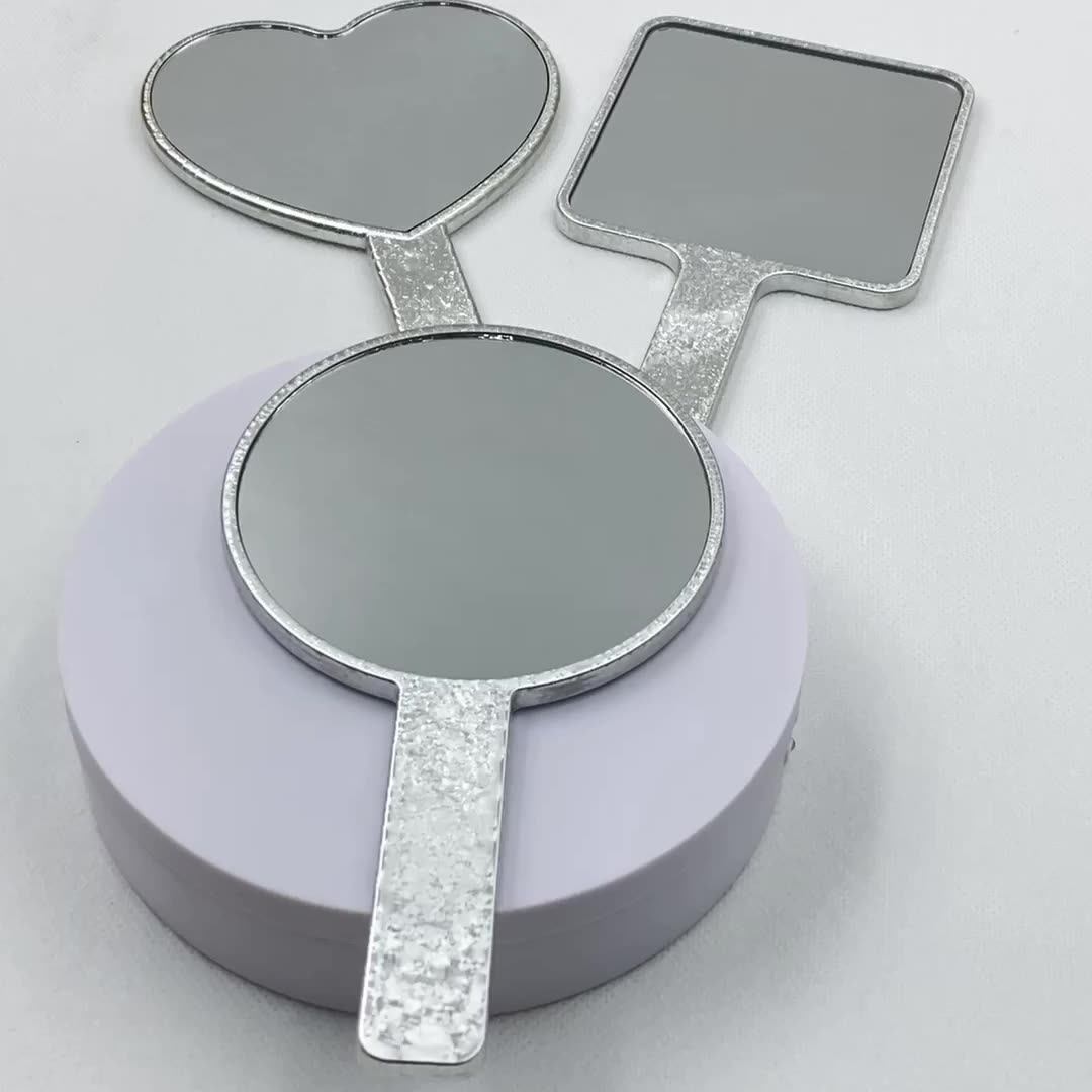 Round Shape Private Label Hand Mirror Cute Shiny Handle Makeup Mirror ...