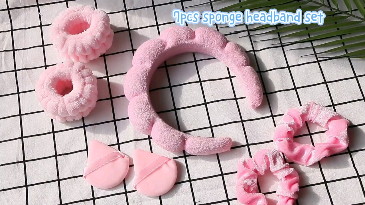 7pcs Skincare Terry Cloth Puffy Sponge Headband Hair Bands & Wristbands ...