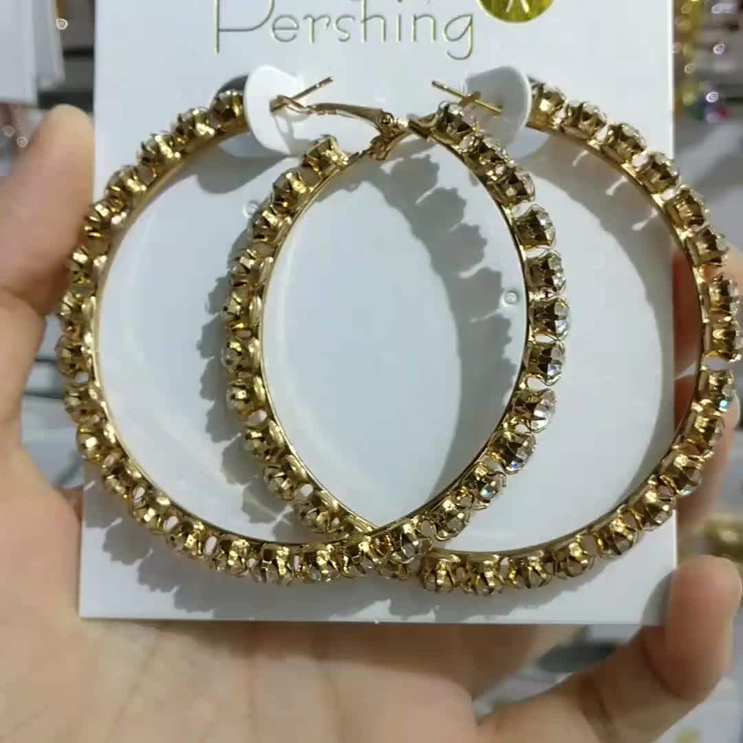 High Quality 6cm Gold Plated Rhinestone Big Round Crystal Diamond Hoop ...