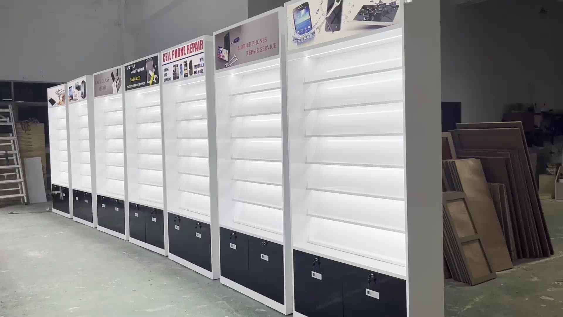 Wooden Slatwall Mobile Phone Accessories Cabinet With Hooks Cellphone ...