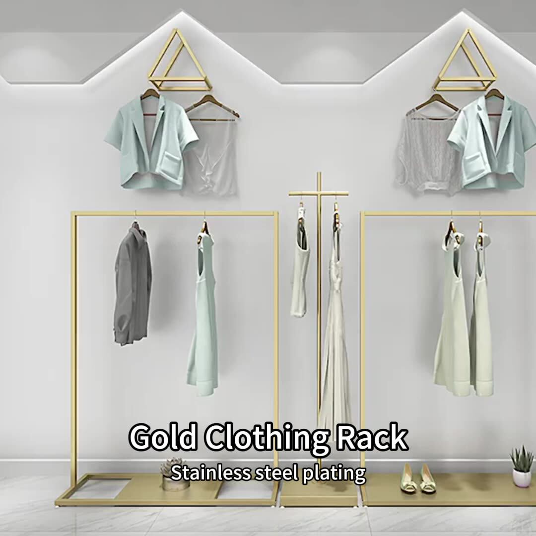 Custom Clothing Store Display Rack Wall Mounted Metal Golden Clothes ...