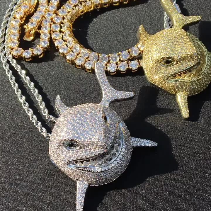 Punk Rock Big Size Shark Pendant Necklace Bling Iced Out Crystal Miami ...