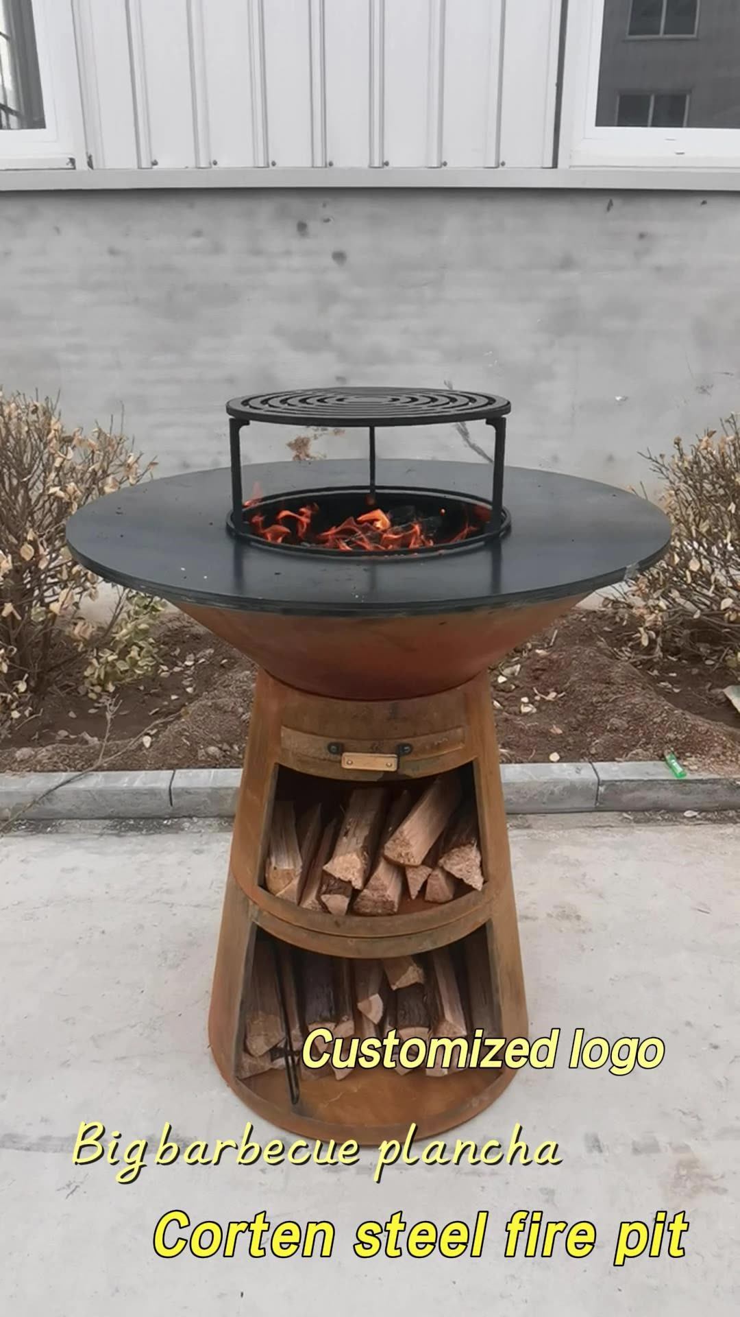 Outdoor Corten Steel Fire Pit Barbecue Grill Plancha With Firewood ...