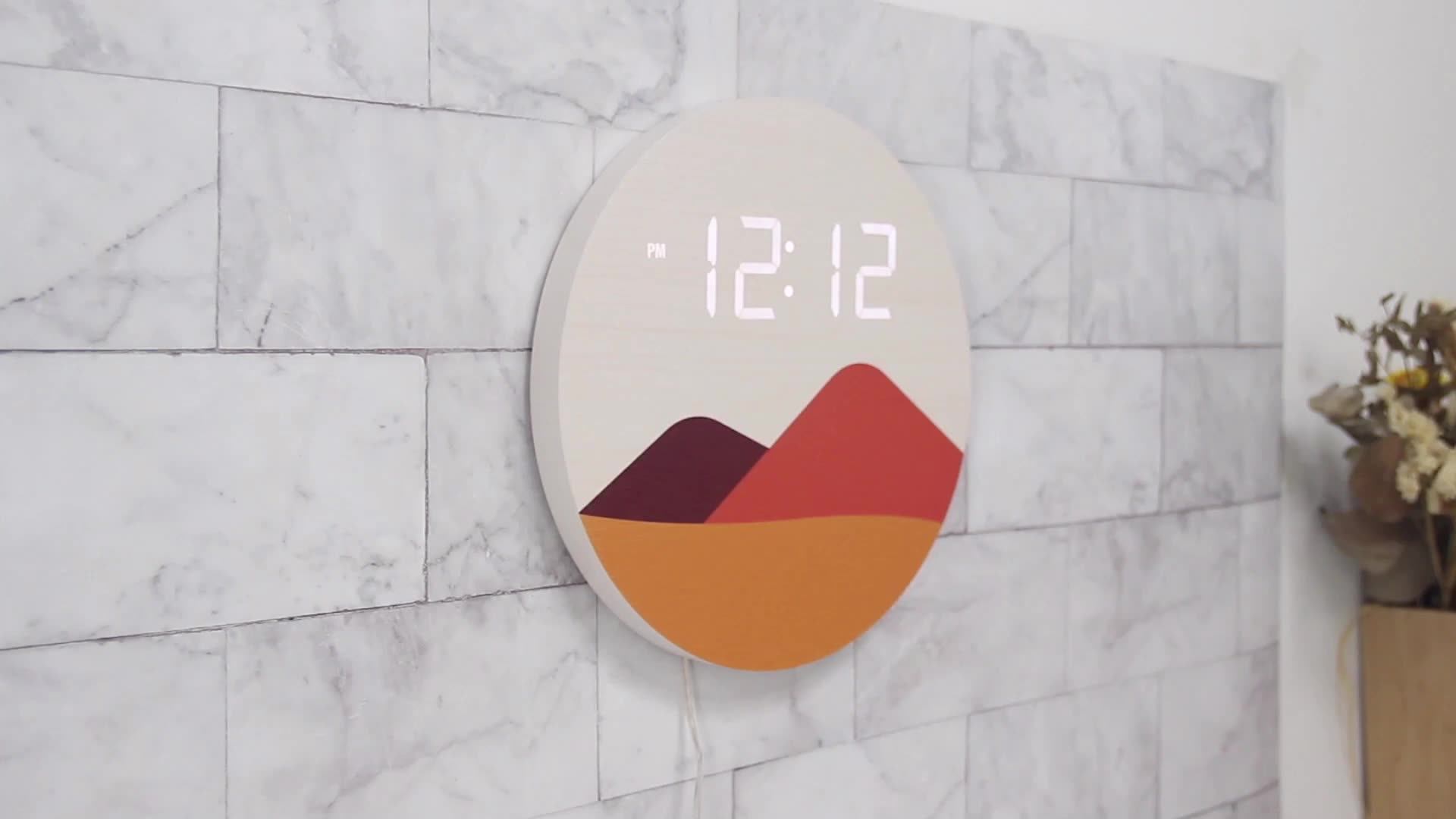 Emaf Custom Pattern Digital Wood Led Wall Clock 12/24h Auto Dimming ...