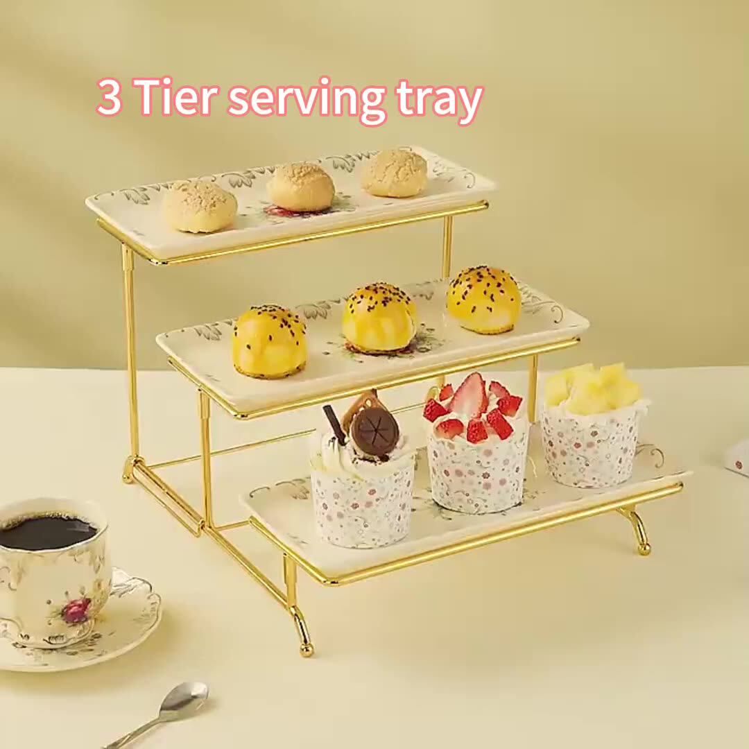 Hot Sale Ceramic 3 Tier Serving Stand With Porcelain Serving Platter ...
