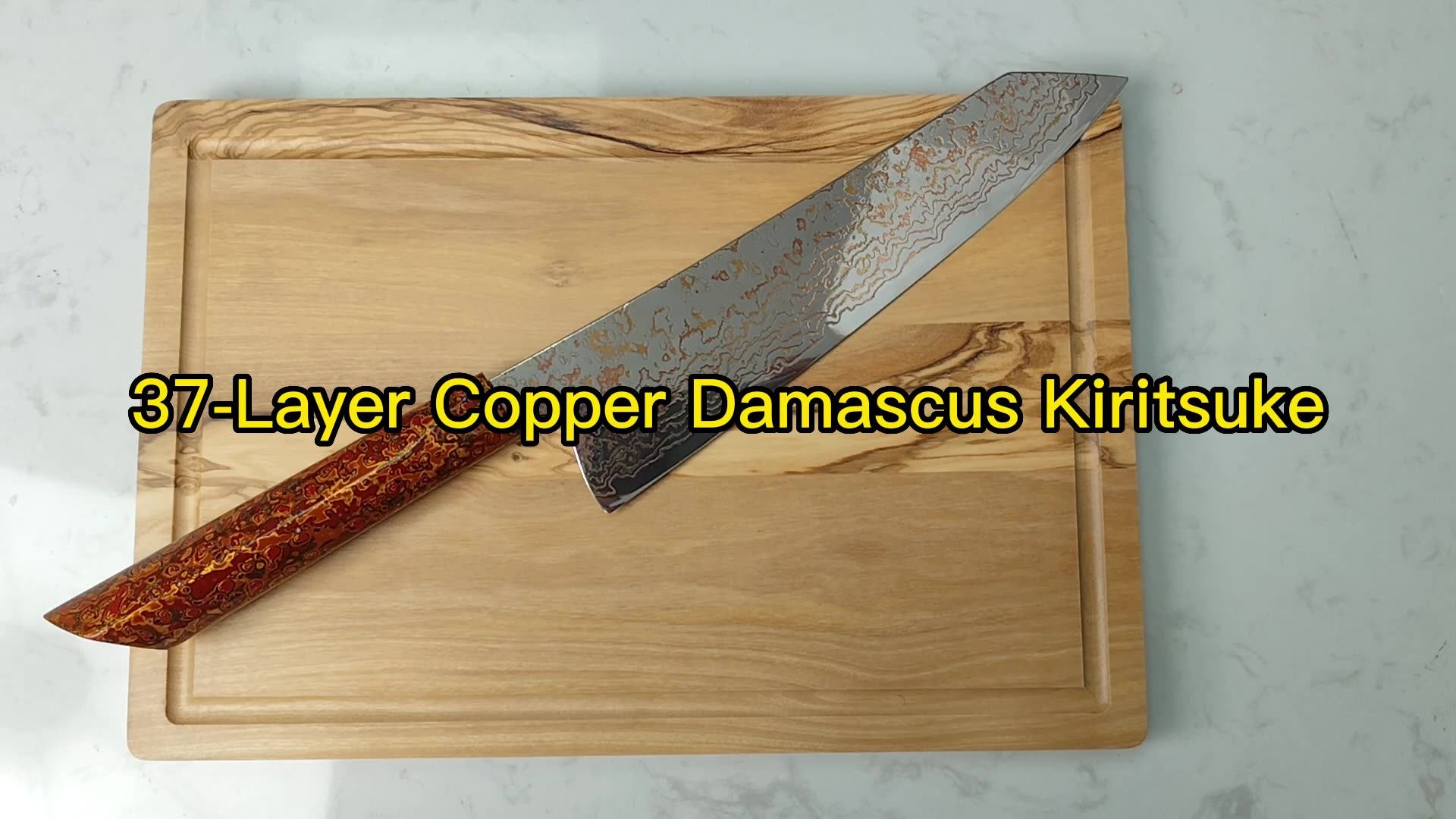 Amber Tri-color Copper Vg10 Core Damascus Steel Japanese Kiritsuke ...