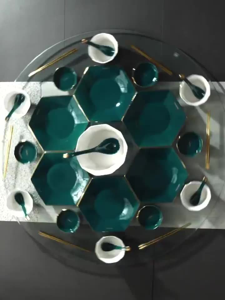 Custom Green Glaze Hexagonal Dinner Plate Set Ceramic Handmade Ceramic ...