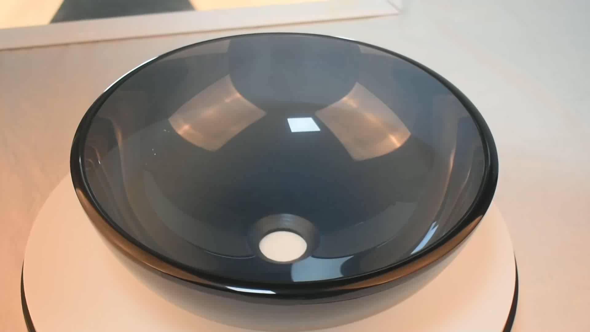 Bathroom Round Glass Vessel Sink Grey Crystal Basin With Faucet Pop-up ...