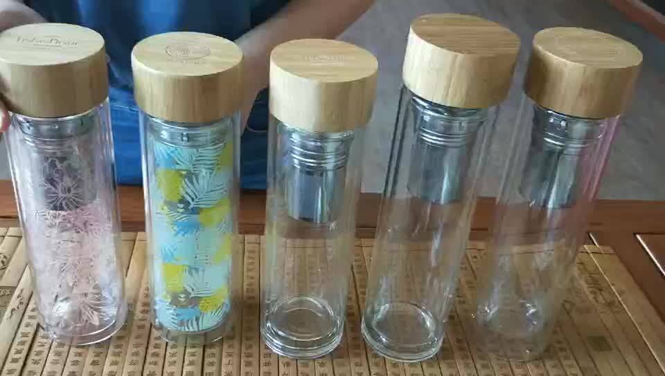 Double Wall Glass Bottle With Tea Infuser Bamboo Lid,Water Bottle Tea ...