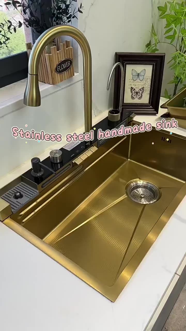 New Gold 304 Stainless Steel Sink Kitchen Led Digital Display Waterfall ...