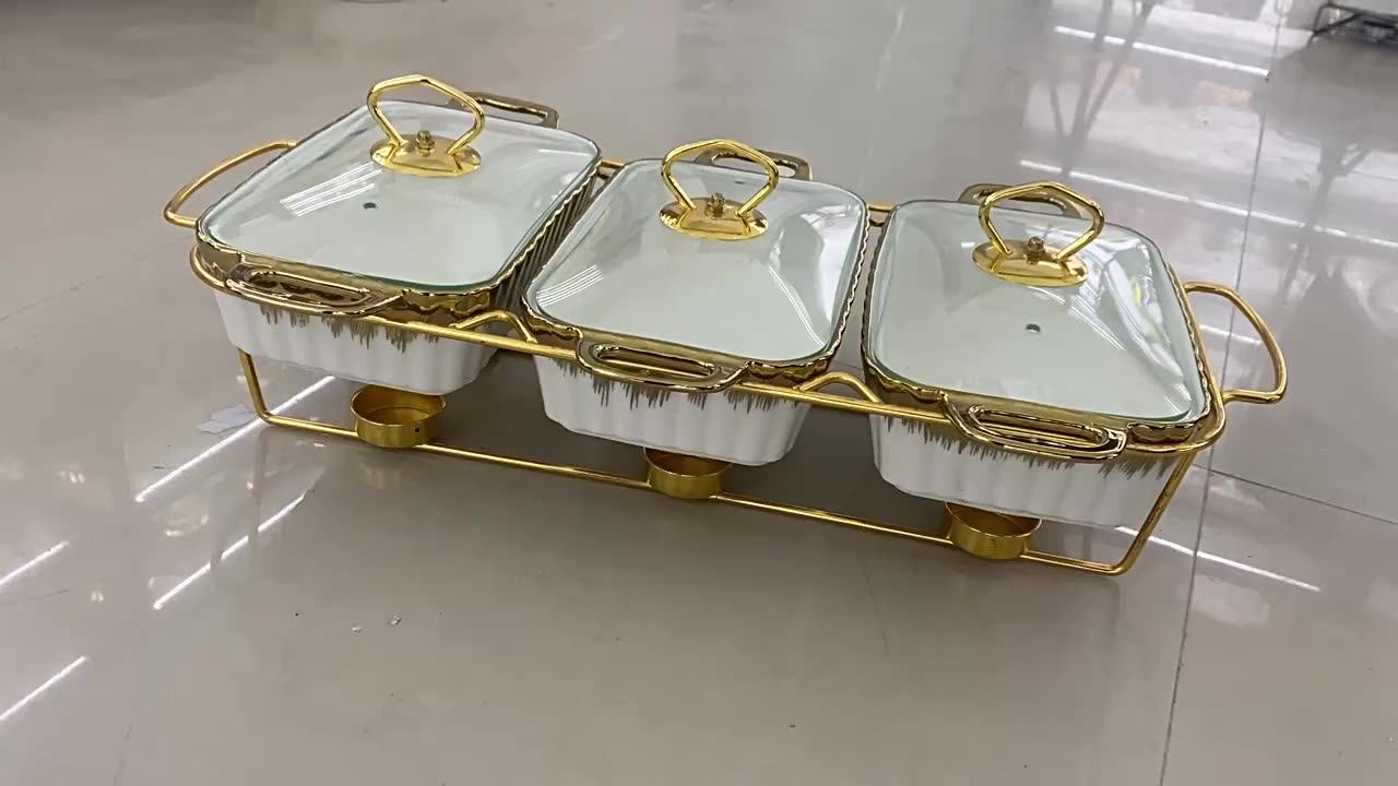 European Luxury Set Of 3 Pcs Ceramic Dry Pot Food Warmer Set Chafing ...
